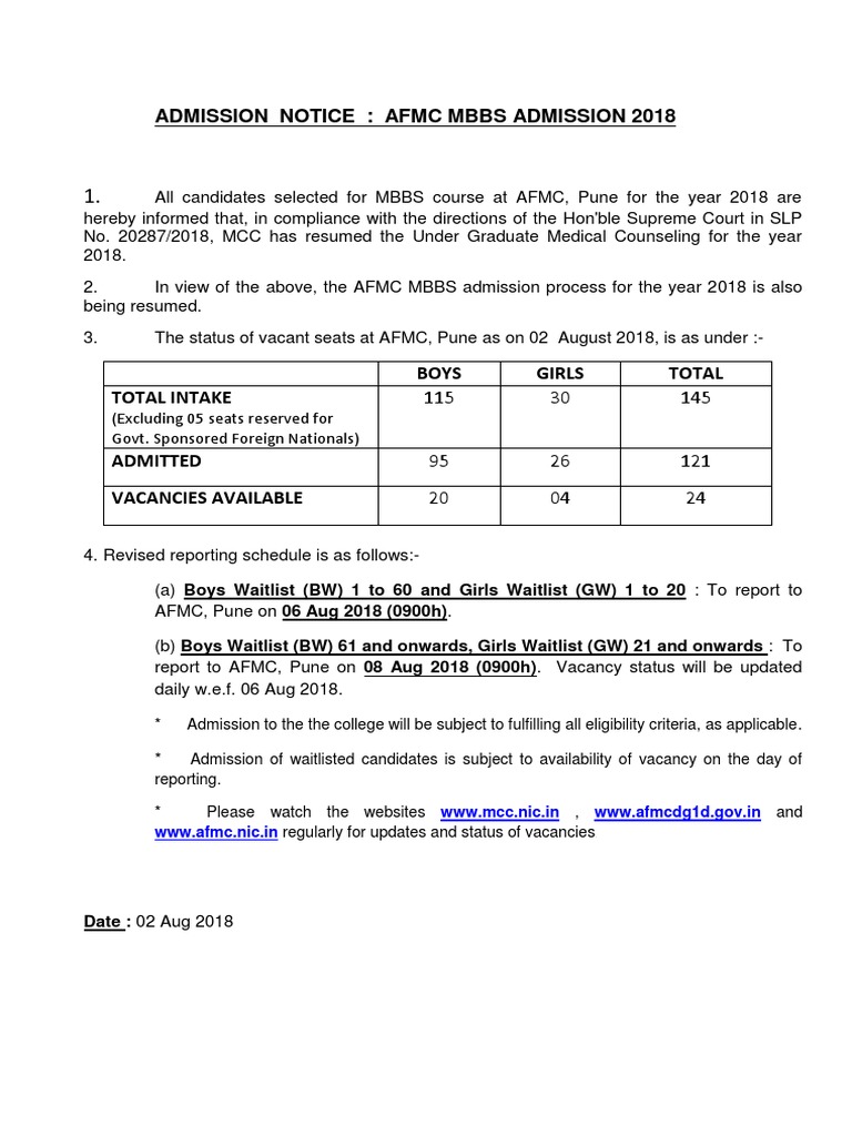 AFMC MBBS Admission Notice 2018 | PDF | Finance & Money Management