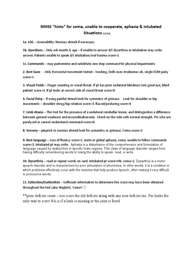 NIHSS "Hints" For Coma, Unable To Cooperate, Aphasia & Intubated ...