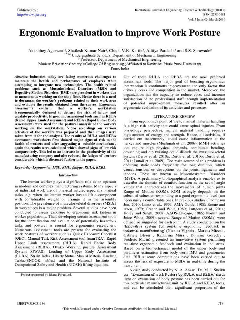 Ergonomic Evaluation for Improved Work Posture | PDF | Human Factors ...