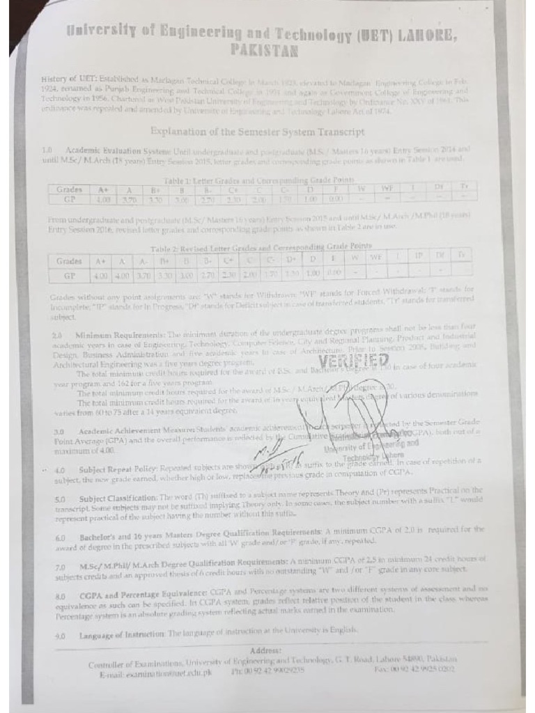 UET Academic Transcript Back Side | PDF