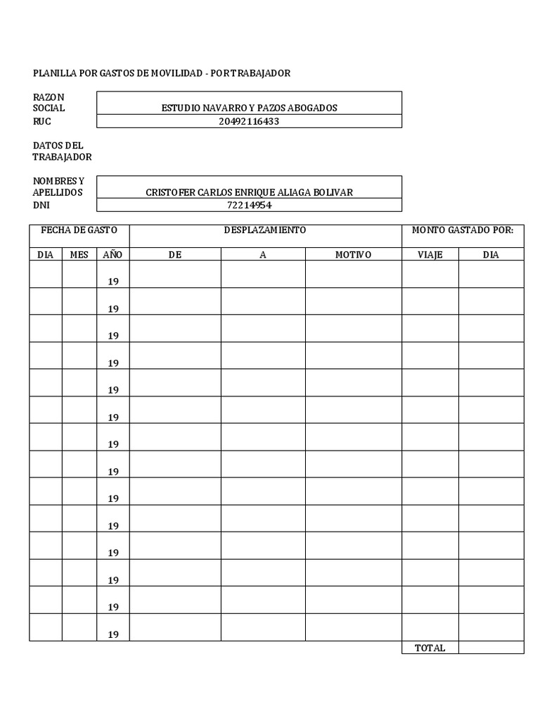 Modelo Planilla Por Gastos de Movilidad | PDF