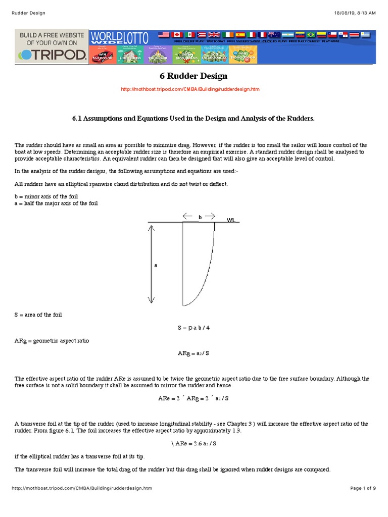 6 Rudder Design: 6.1 Assumptions and Equations Used in The Design and ...