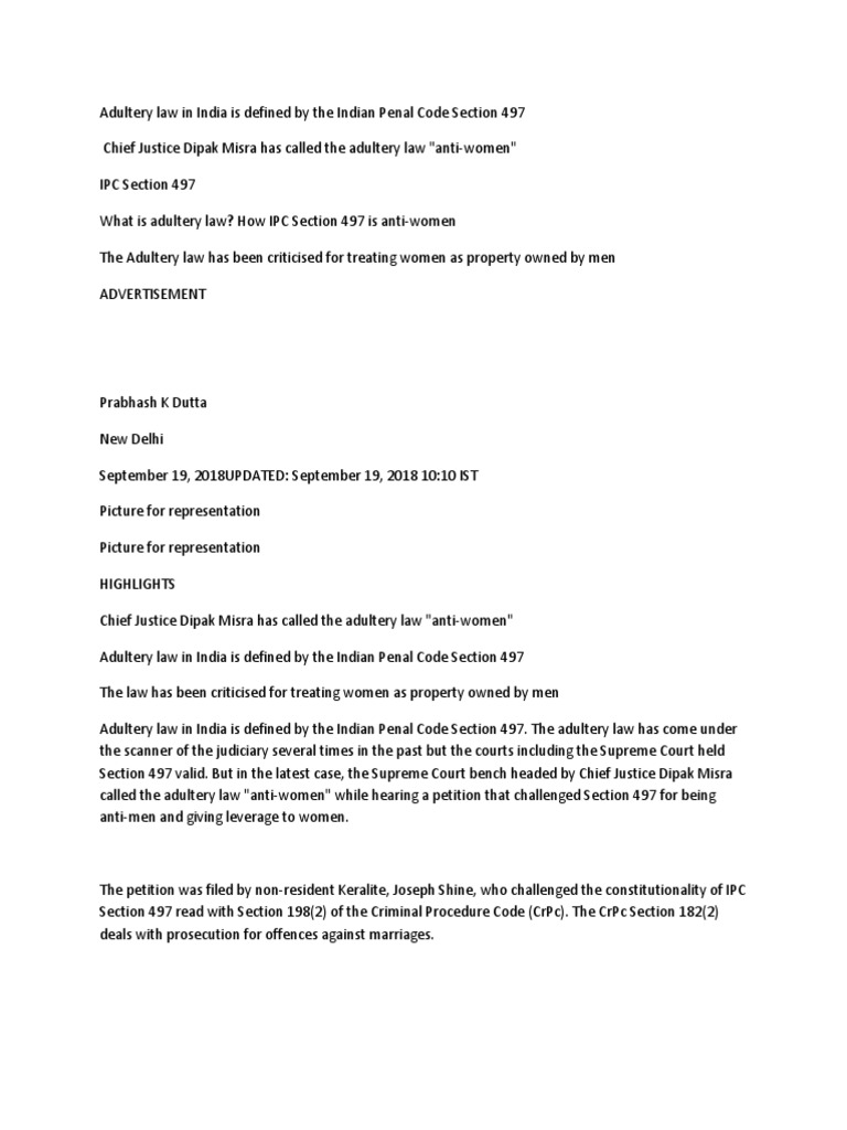 Adultery Law in India Is Defined by The Indian Penal Code Section 497 ...