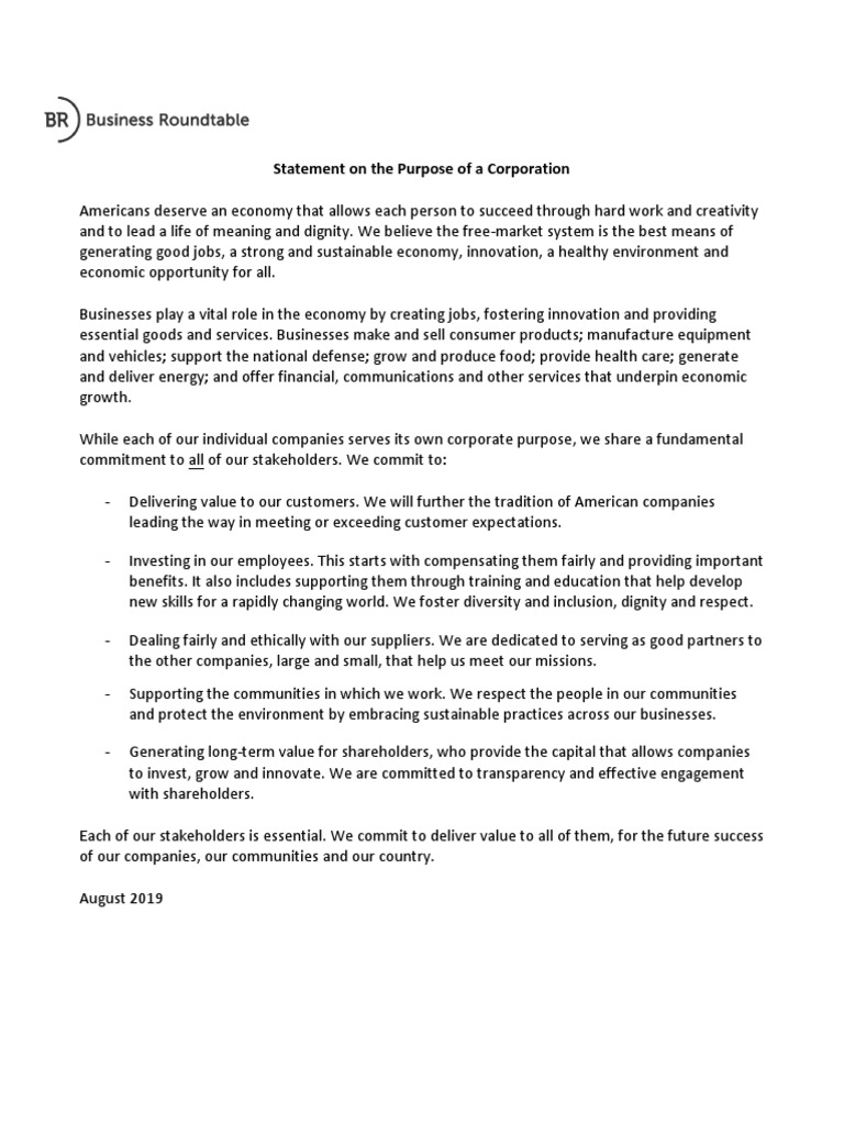 Business Roundtable 2019 Purpose Statement | PDF | Stakeholder ...