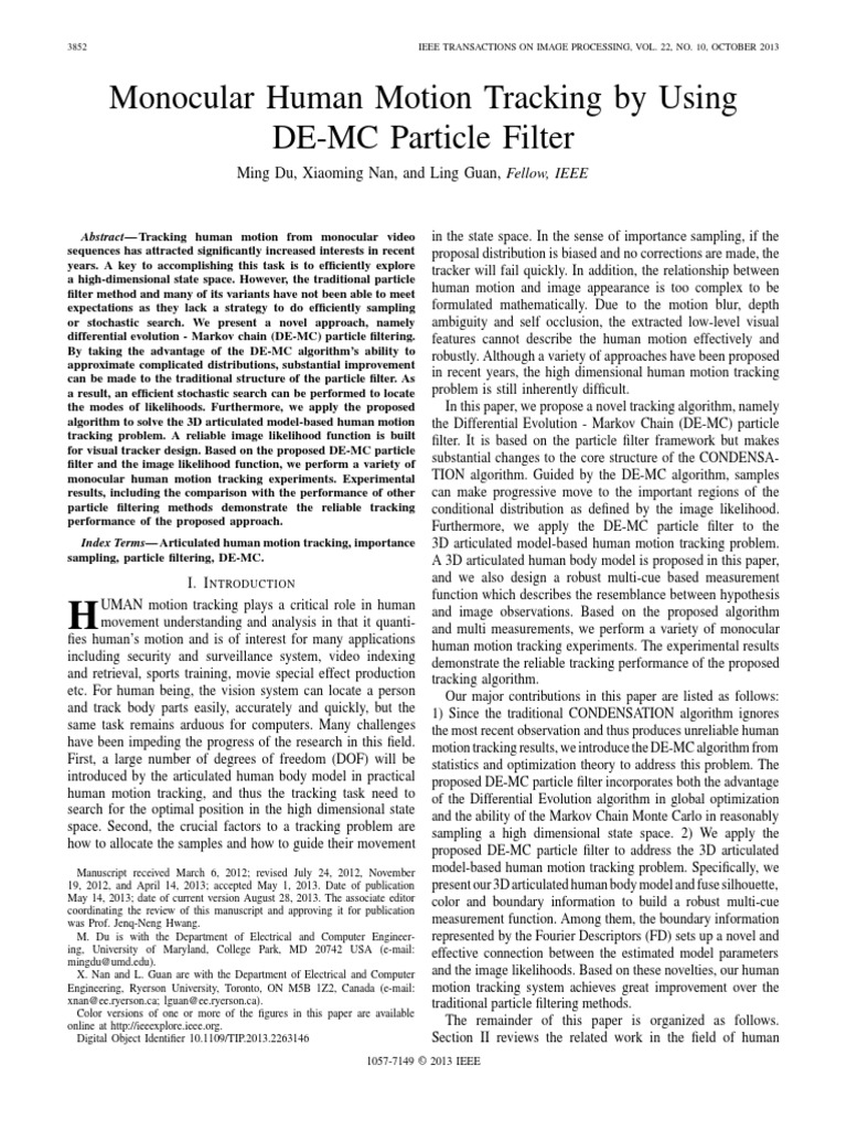 Monocular Human Motion Tracking by Using DE-MC Particle Filter | PDF | Monte Carlo Method ...
