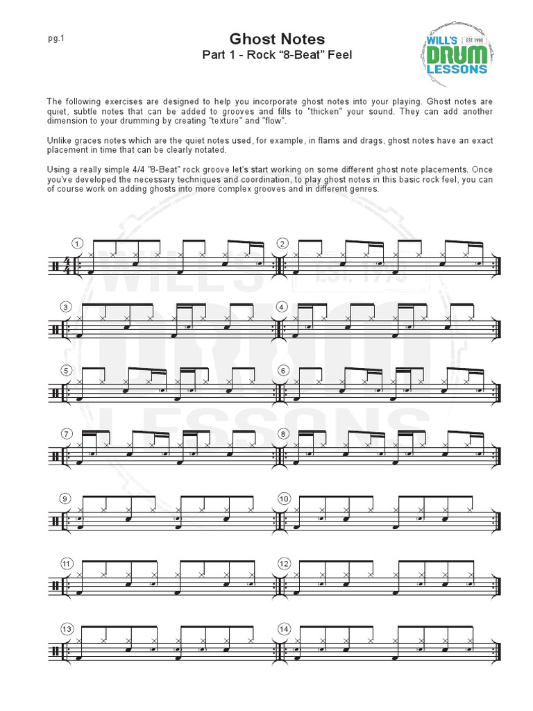 Ghost Notes Pt1 Rock 8 Beat | PDF | Drumming | Performing Arts