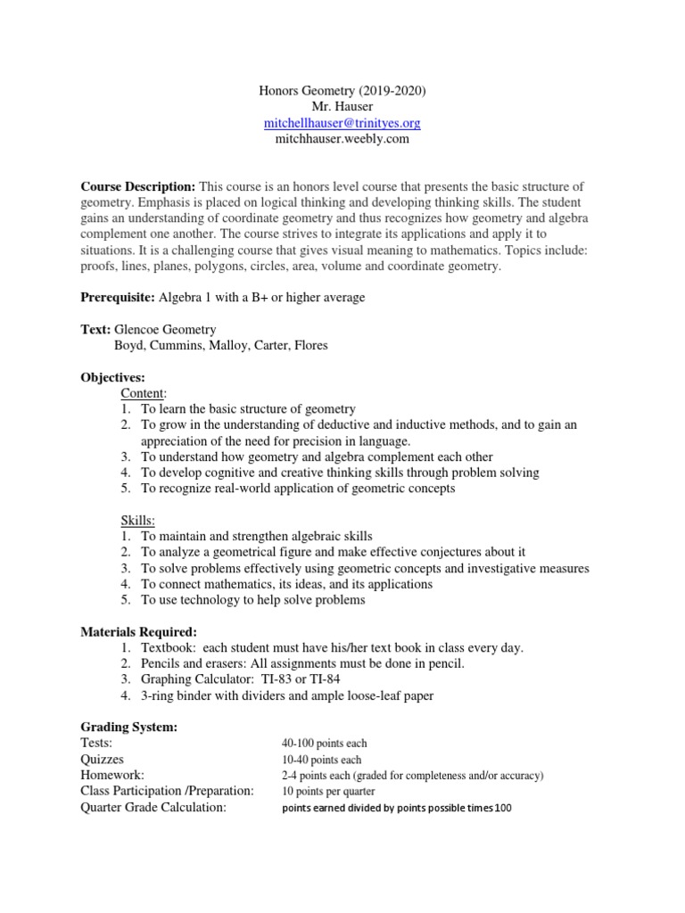 2019-2020 Honors Geometry Syllabus | PDF | Geometry | Homework