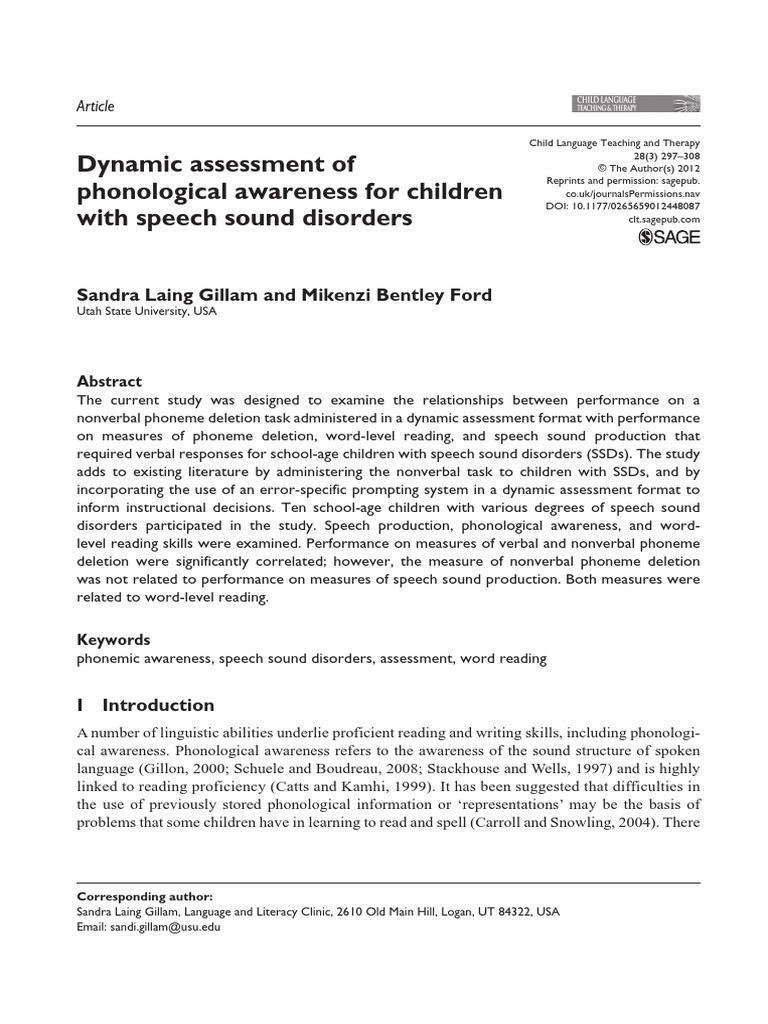 Dynamic Assessment of Phonological Awareness For Children With Speech ...