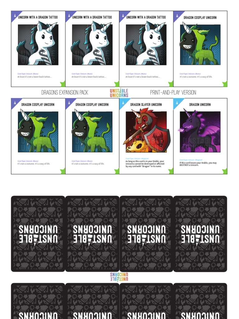 Unstable Unicorns Print & Play - Dragons Pack | PDF | Toys | Gaming Devices