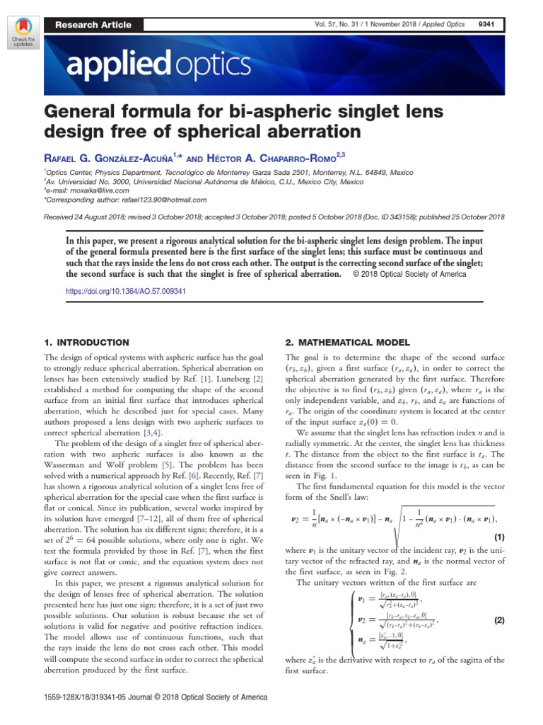 General Formula For Bi-Aspheric Singlet Lens Design Free of Spherical ...