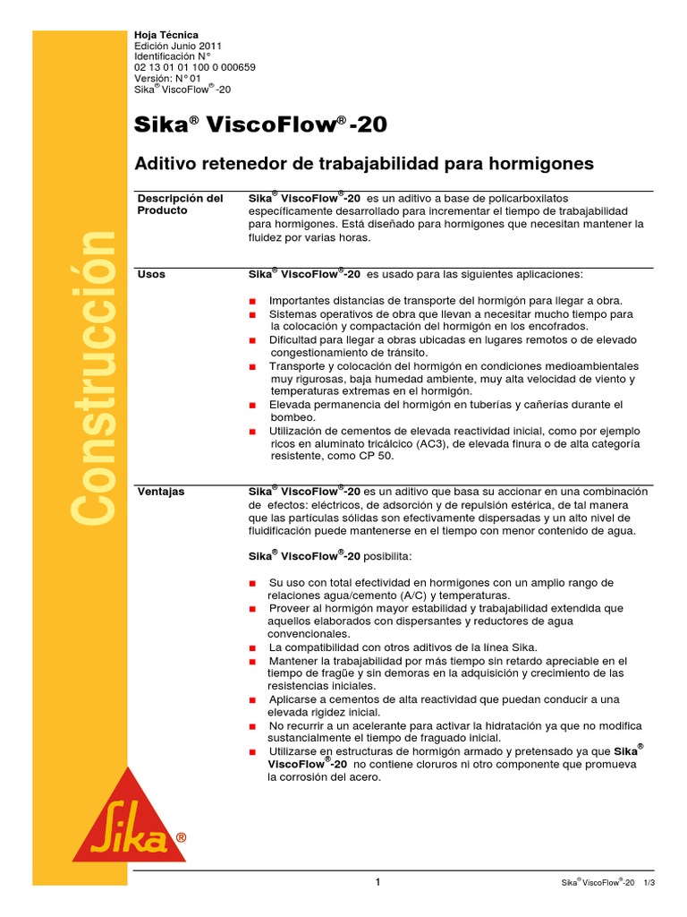 Sika ViscoFlow 20. Ficha Tecnica PDF | PDF | Hormigón | Cemento