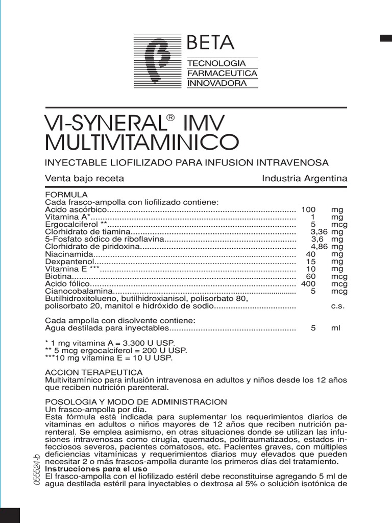 Vi Syneral IMV | Descargar gratis PDF | Terapia intravenosa | Vitamina