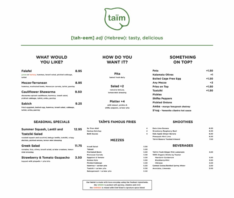 Taim Menu | PDF