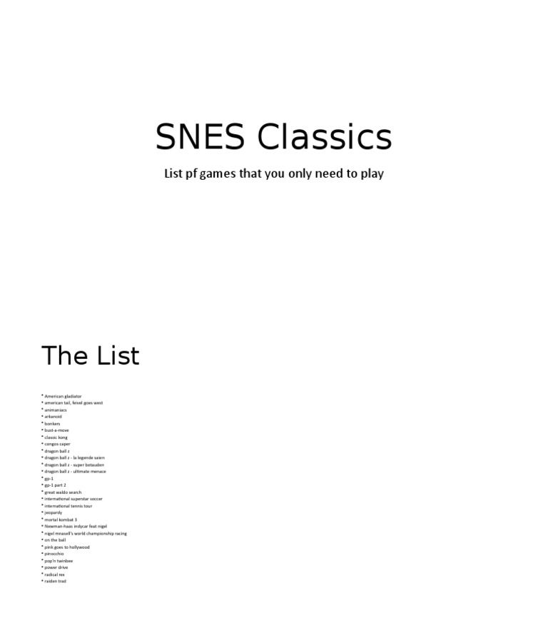 SNES Classics: List PF Games That You Only Need To Play | PDF | Sports ...
