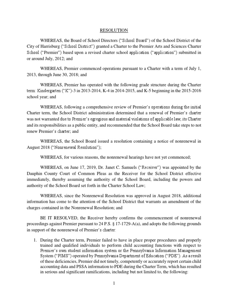 Harrisburg School District's Non-Renewal Resolution For Premier Charter ...