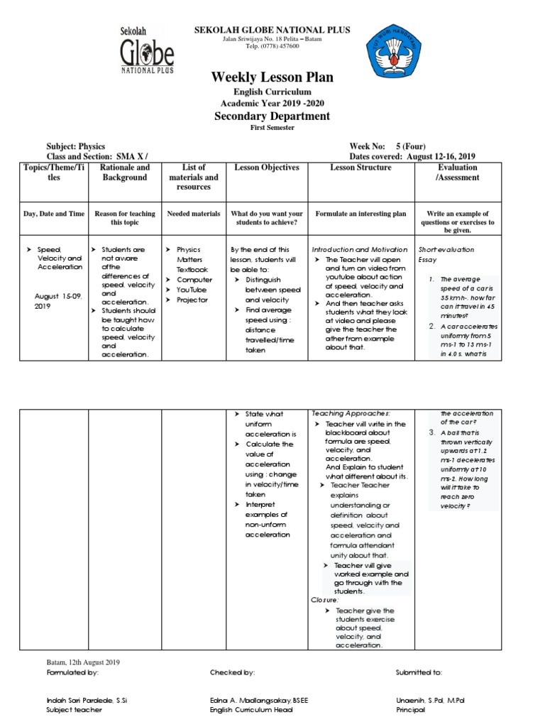 Physics Sma X Lesson Plan 2019-2020 (Aug. 12-16, 2019) | PDF ...