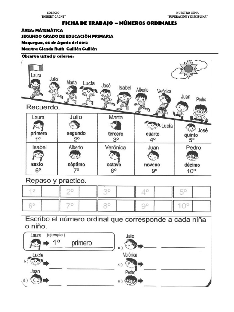 Hoja De Trabajo De Numeros Ordinales 1 10