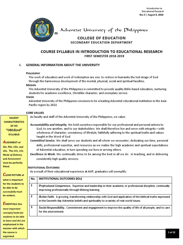 OBE Syllabus Template - Intro To Educational Research - 1st Sem 2018 ...