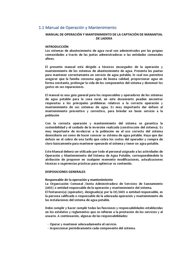 Manual de Operación y Mantenimiento | PDF | Agua | Reservorio