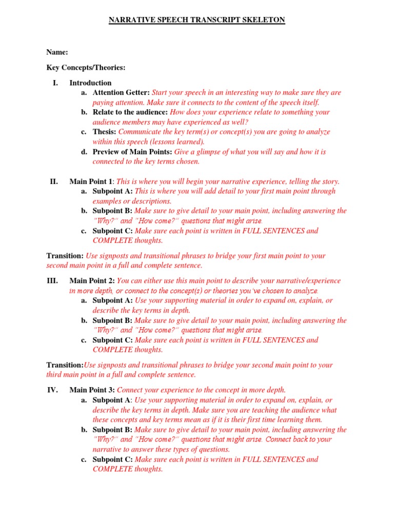Narrative Speech Outline Guide | PDF | Narrative | Concept