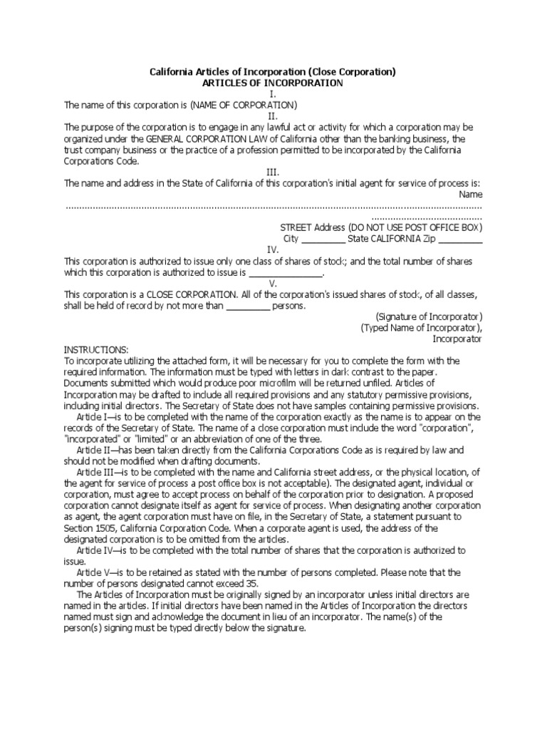 Organizing a Close Corporation in California: Instructions and Template ...