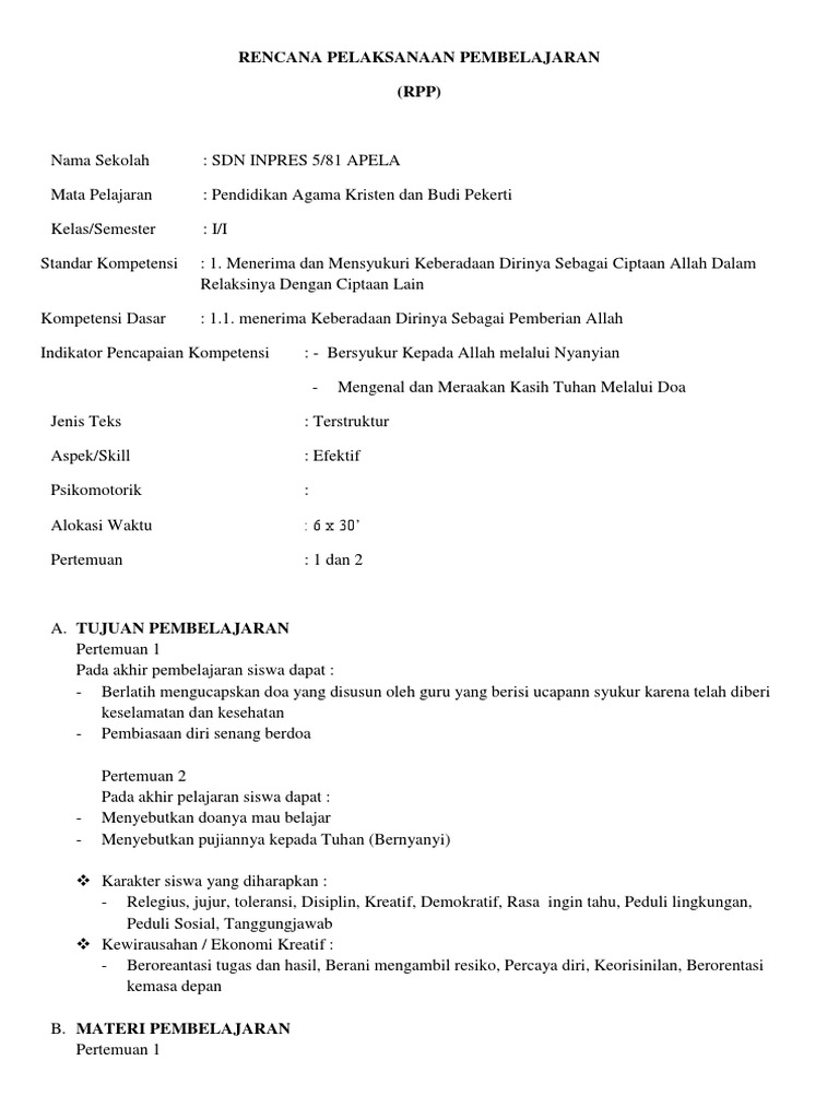 RPP Kelas 1 Semester 1 | PDF