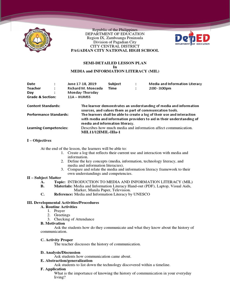semi-detailed lesson plan MIL | Information Literacy | Literacy