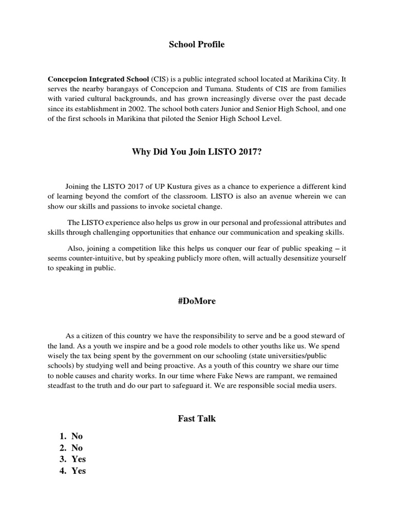 School Profile: Concepcion Integrated School (CIS) Is A Public ...