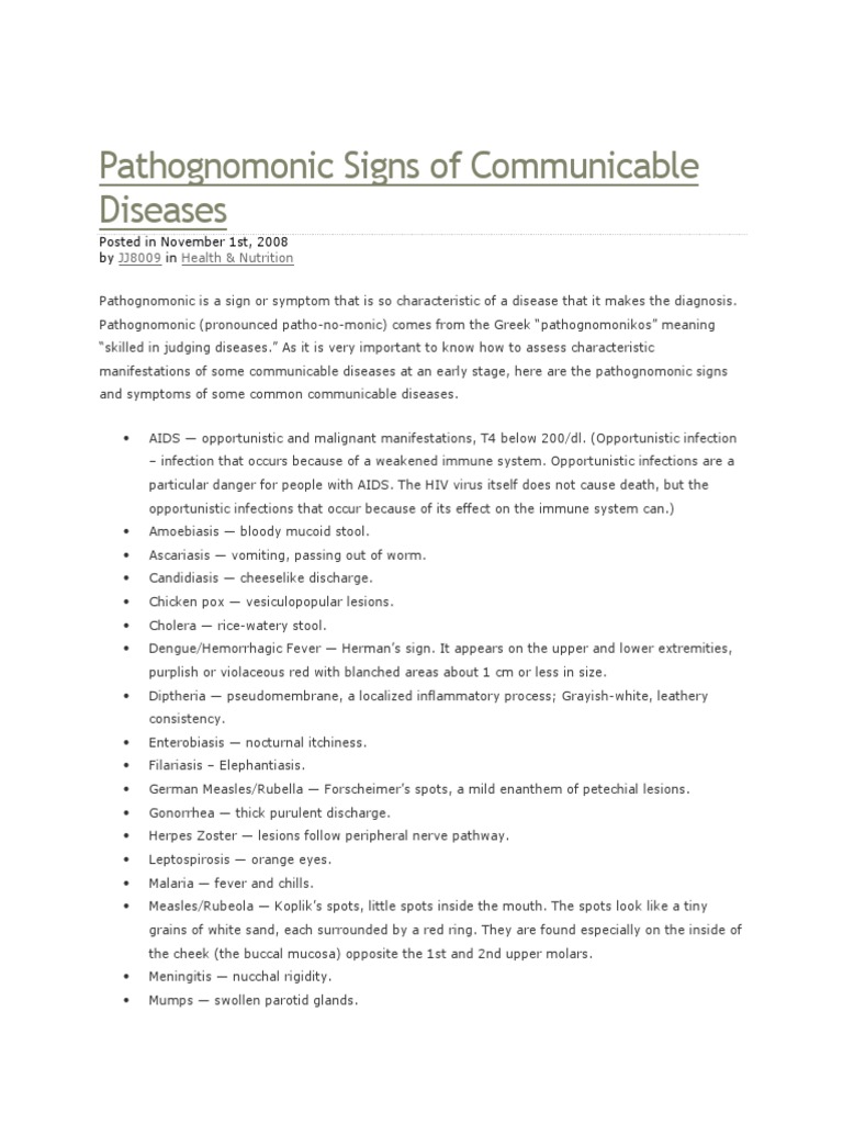 Pathognomonic Signs of Communicable Diseases: JJ8009 Health & Nutrition ...