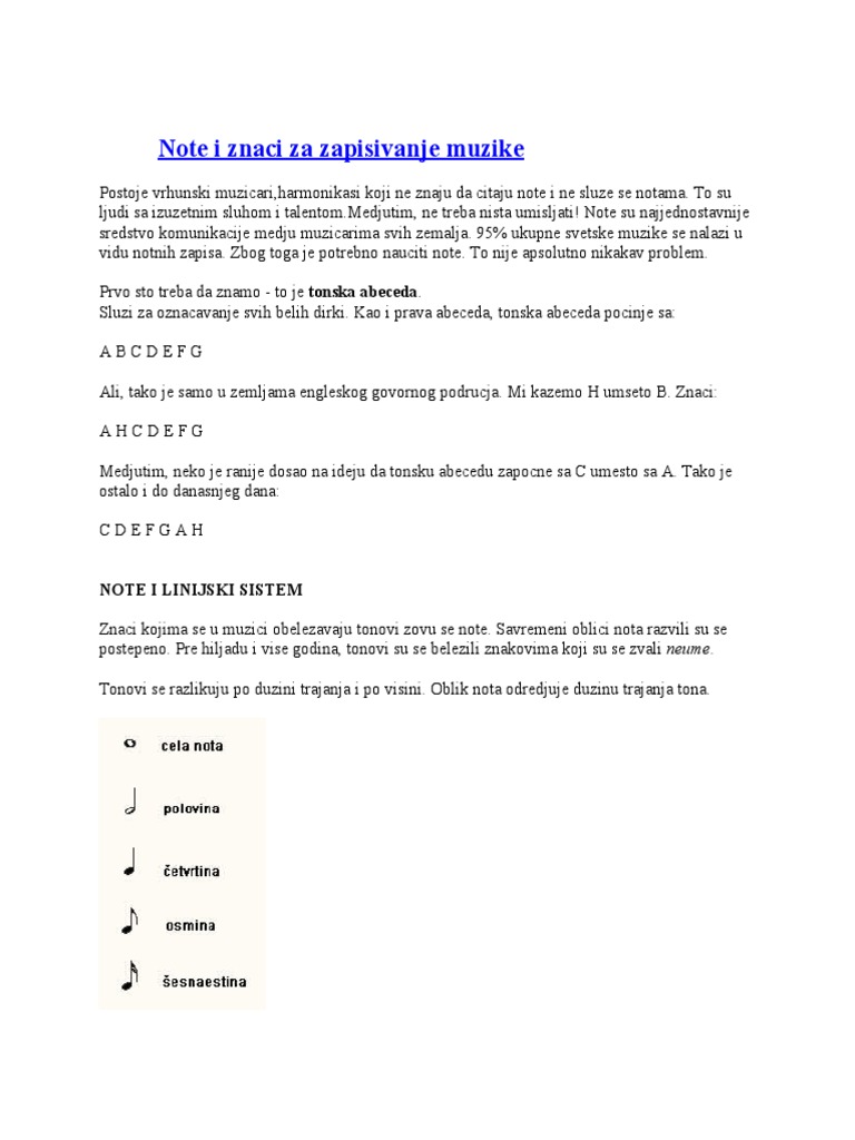 Note I Znaci Za Zapisivanje Muzike | PDF
