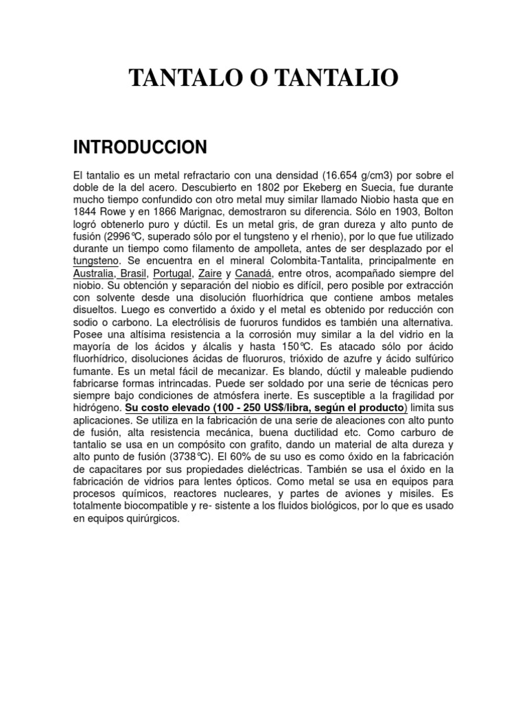 Tantalo o Tantalio | PDF | Tungsteno | Rieles
