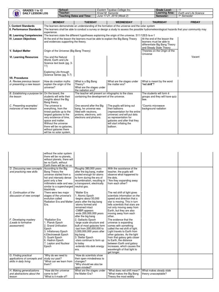DLL Earth and Life Science, Week 2 | Chronology Of The Universe | Big Bang