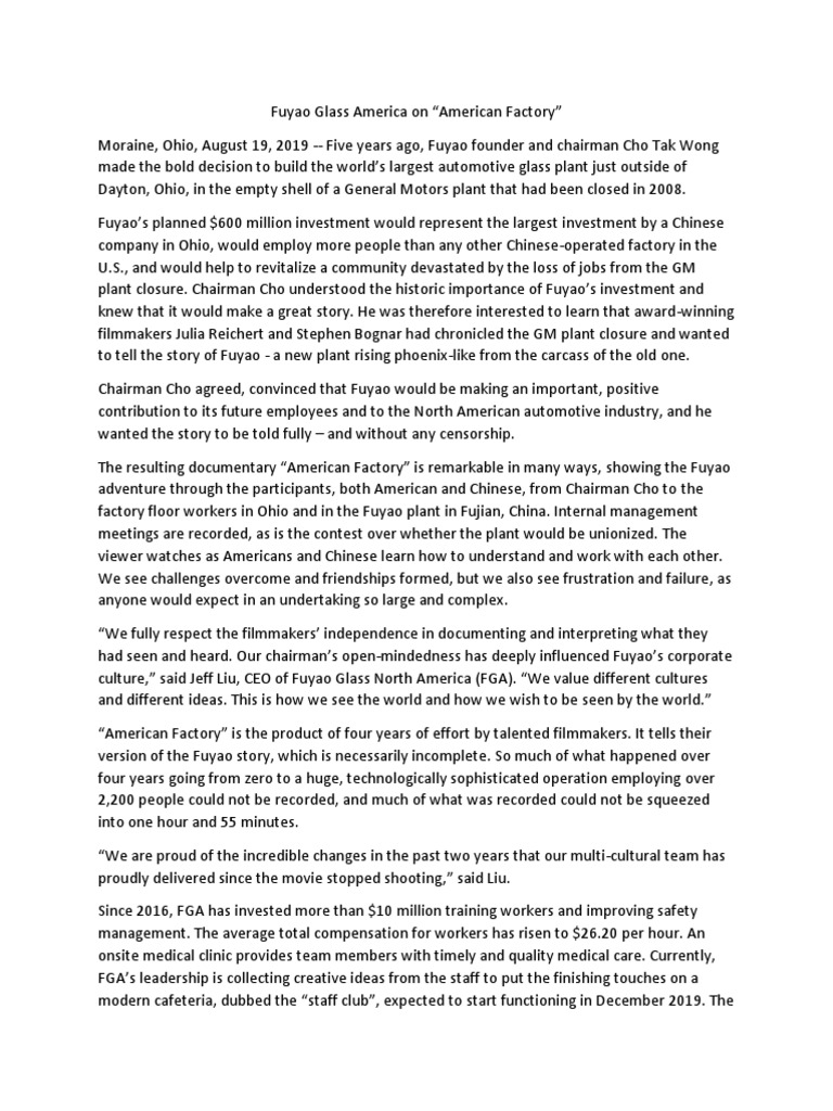 Fuyao Glass: Insights from "American Factory" | PDF | General Motors ...