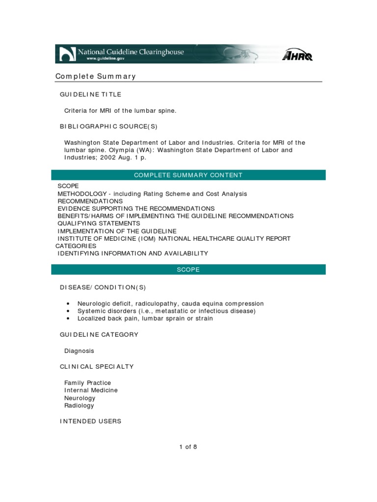 Criteria For MRI of The Lumbar Spine. | PDF | Neurology | Medical Imaging