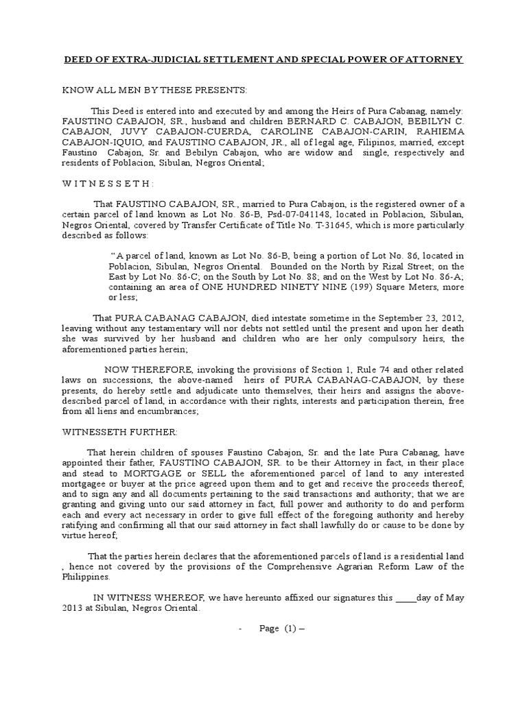 Extrajudicial Settlement and SPA Document | PDF | Mortgage Law | Law ...