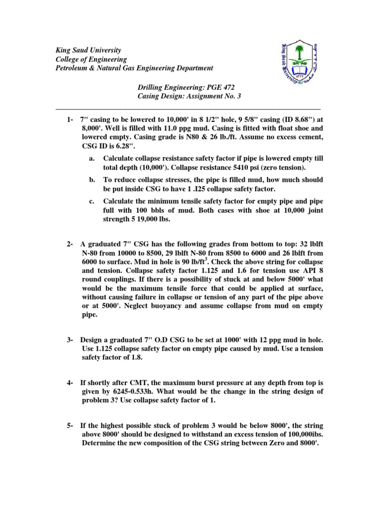 Assignment No. 3 - Casing Design | PDF | Casing (Borehole) | Solid Mechanics