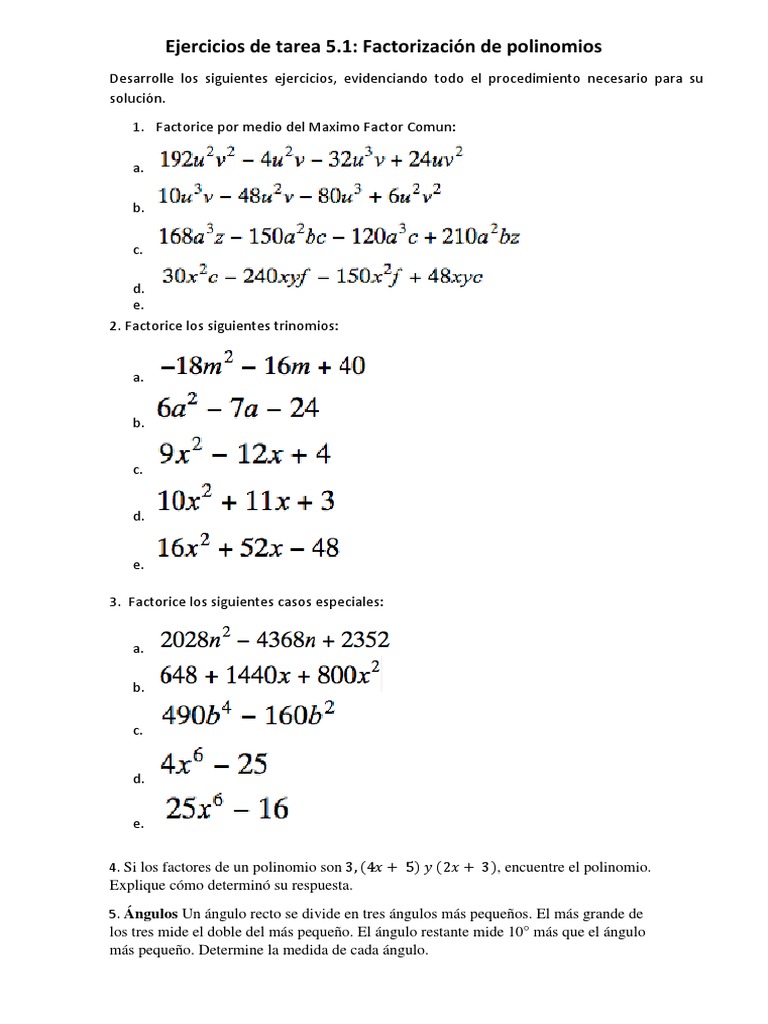 Ejercicios de Tarea 5.1 Factorizaci N de Polinomios | PDF | Métodos y materiales de enseñanza
