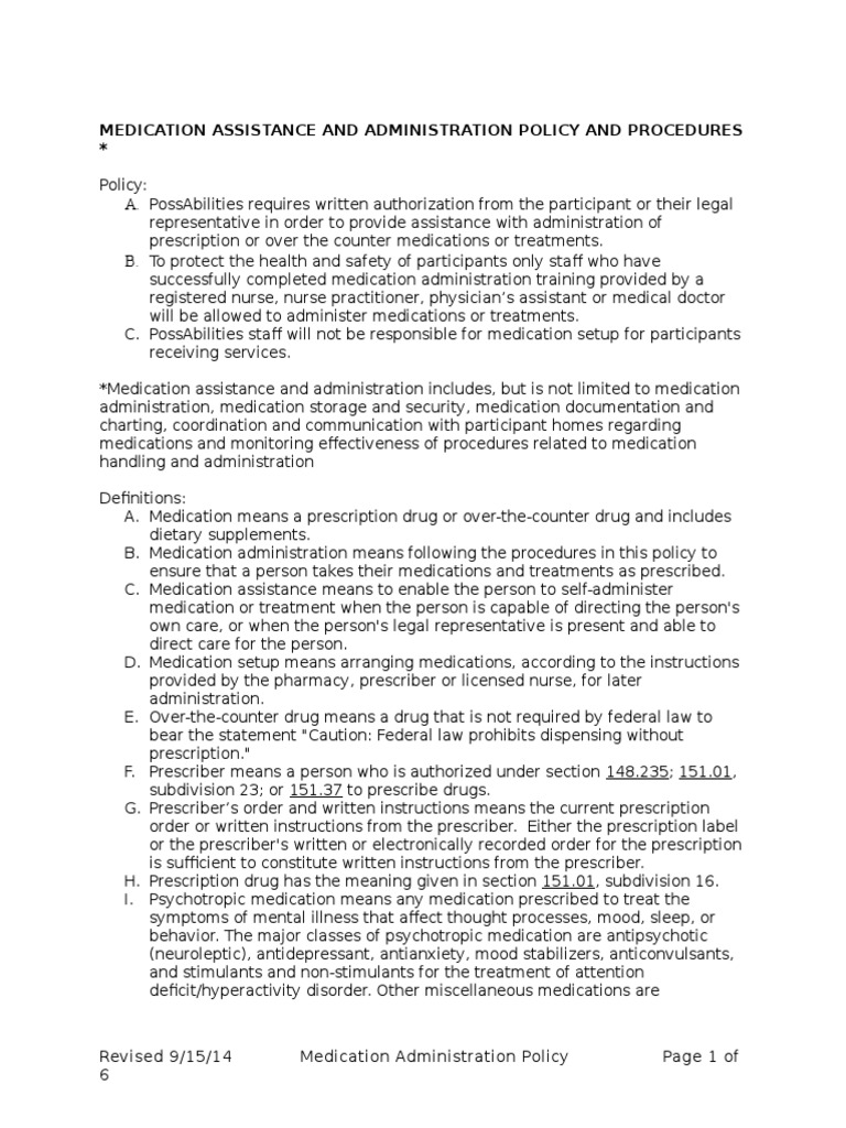 28 Medication Assitance and Administration Policy and Procedures If ...