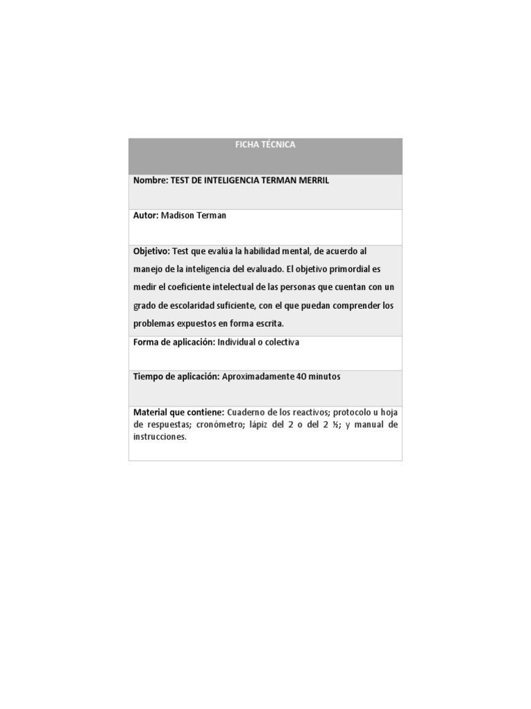 Ficha Técnica Test de Inteligencia Terman Merril | PDF
