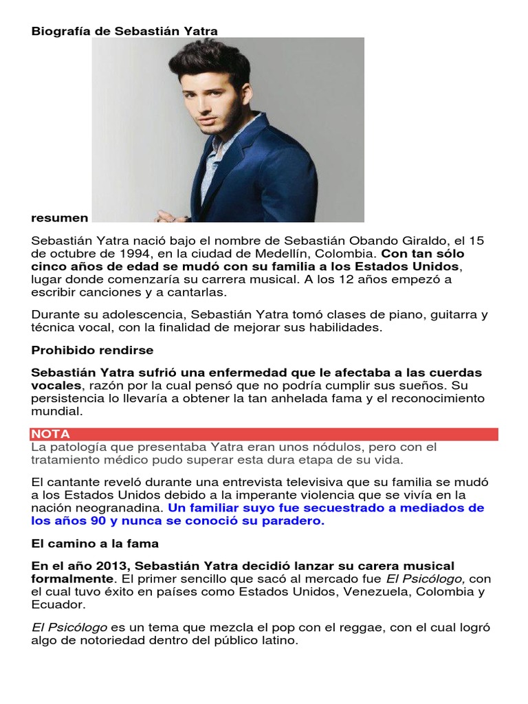 Biografía de Sebastián Yatra Resumen | Industria de la música | Música pop