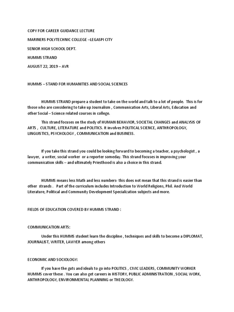 Careers in HUMMS Strand for Guiding Students | PDF | Social Science ...
