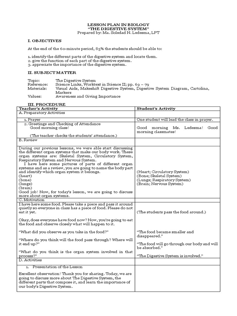 Lesson Plan Jhs | PDF | Digestion | Human Digestive System