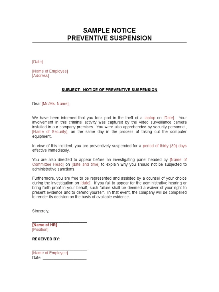 Preventive Suspension Notice Template | PDF