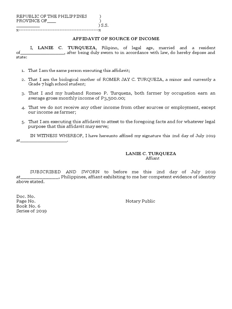 Affidavit of Source of Income | PDF | Affidavit | Document