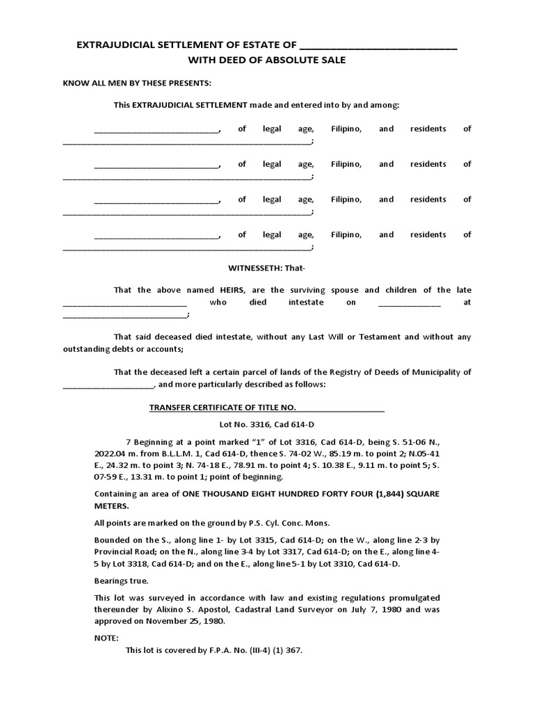 Extrajudicial Settlement of Estate of The Deceased Arsenio Cruz ...