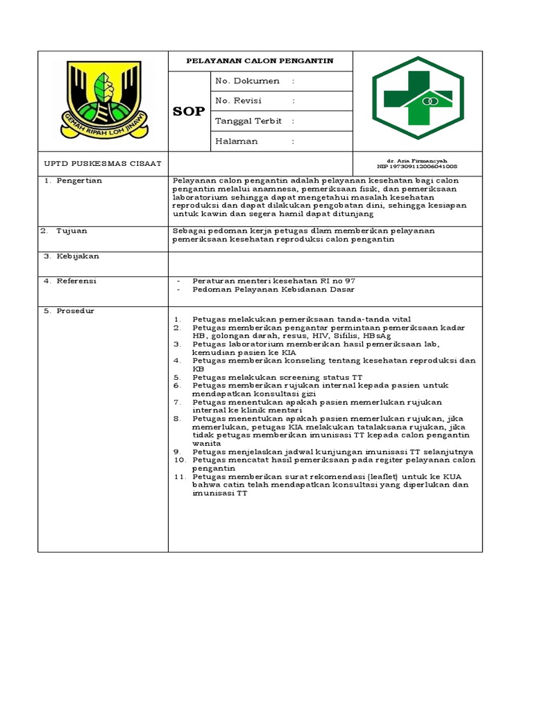 SOP Pelayanan Kesehatan Catin | PDF
