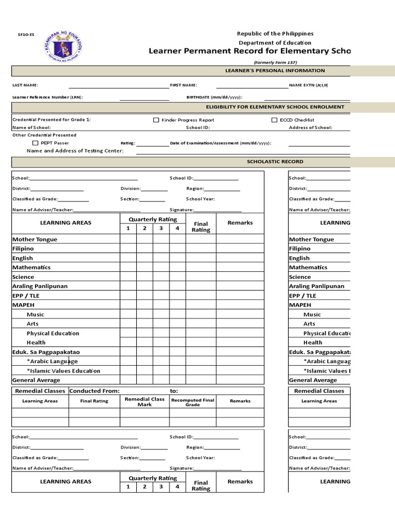 Learner Permanent Record For Elementary School (SF10-ES) : Republic of ...
