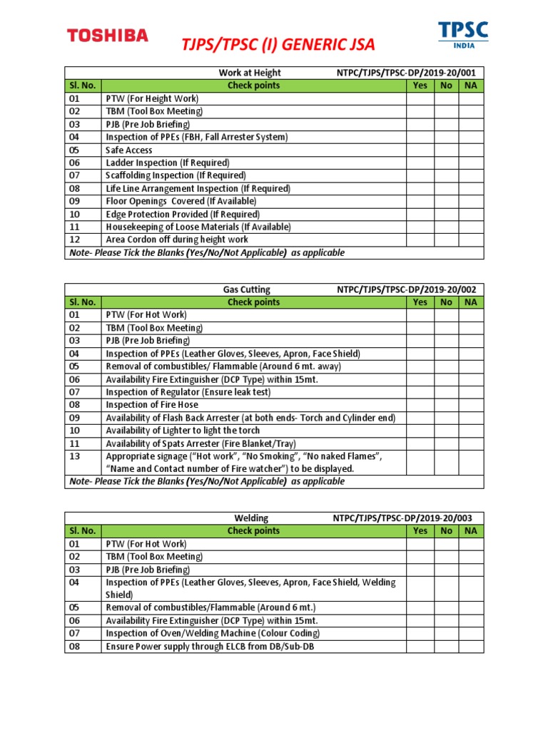 Generic JSA Checklist PDF | PDF | Scaffolding | Nature