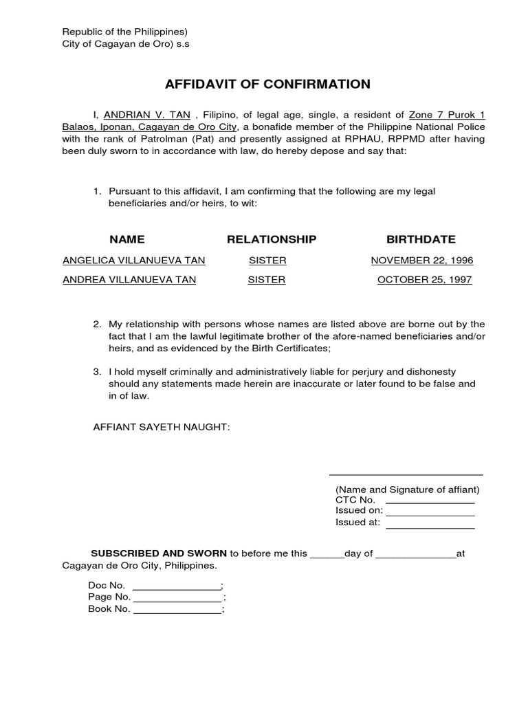 Affidavit of Confirmation: Name Relationship Birthdate | PDF