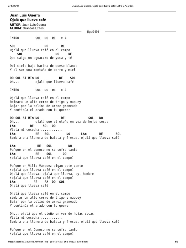Juan Luis Guerra, Ojalá Que Llueva Café - Letra y Acordes | PDF ...